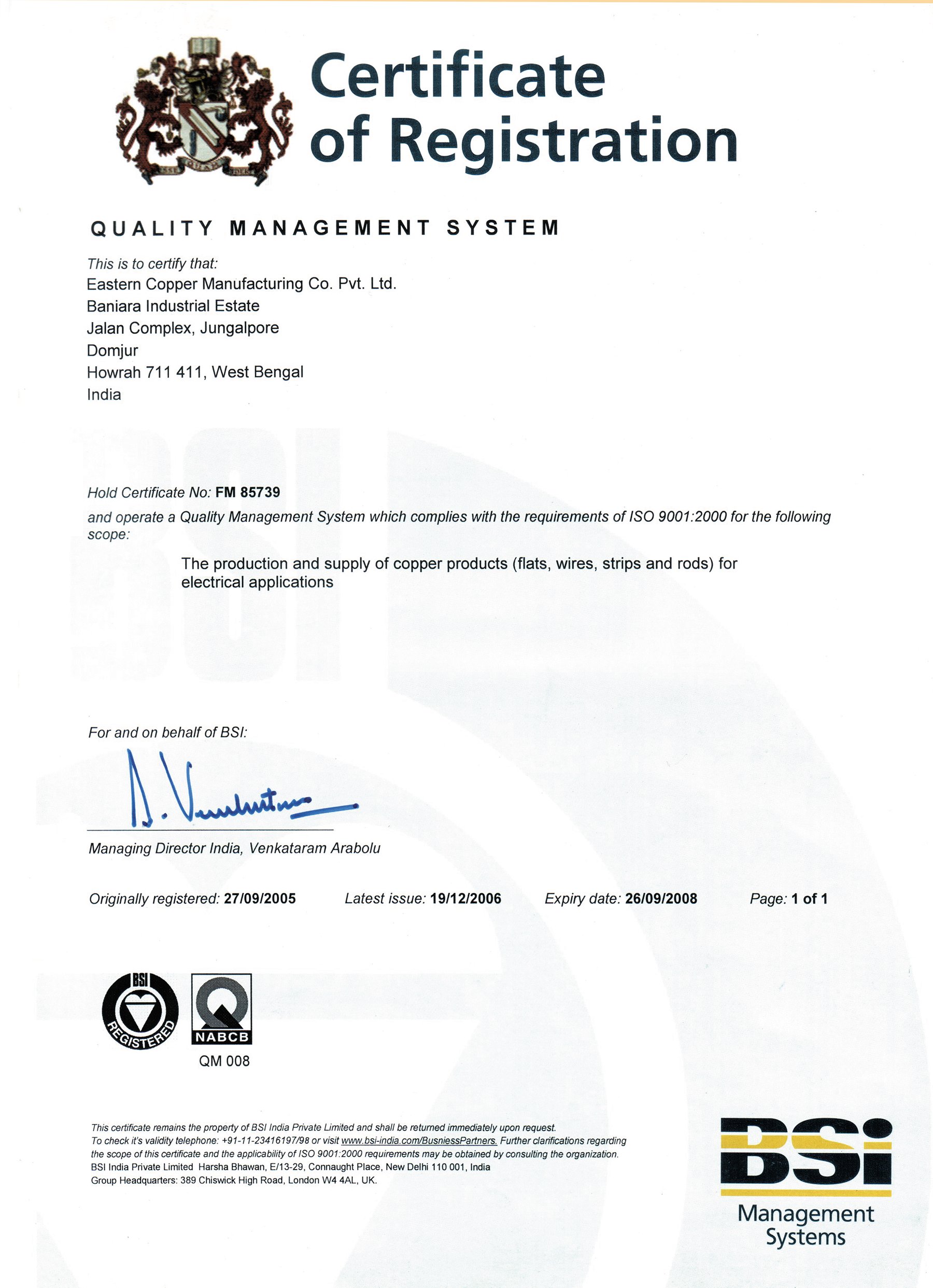 Certificates – Eastern Copper Calcutta